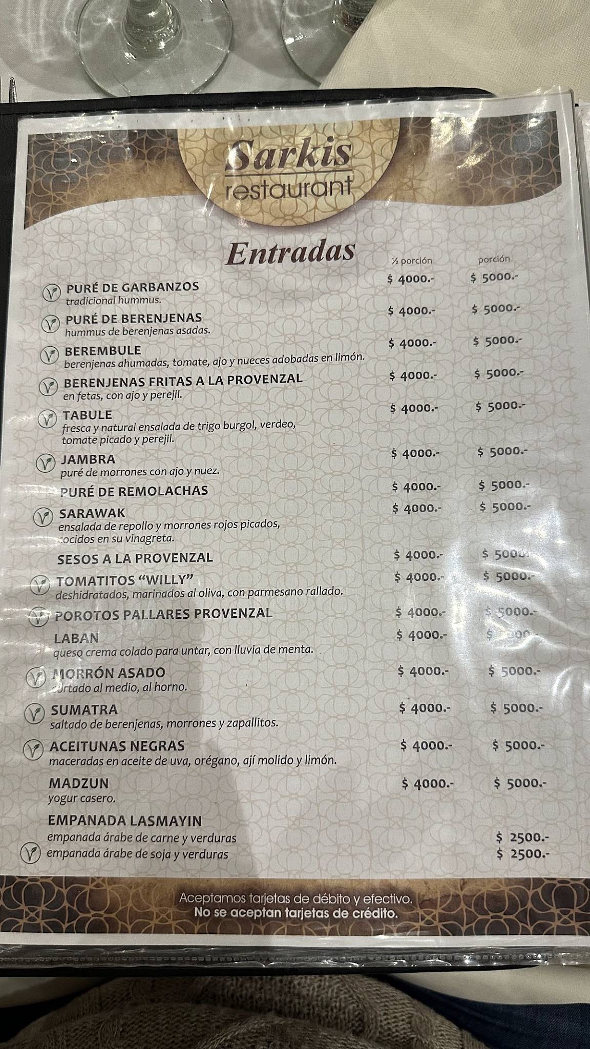 Carta del restaurante Sarkis, Buenos Aires