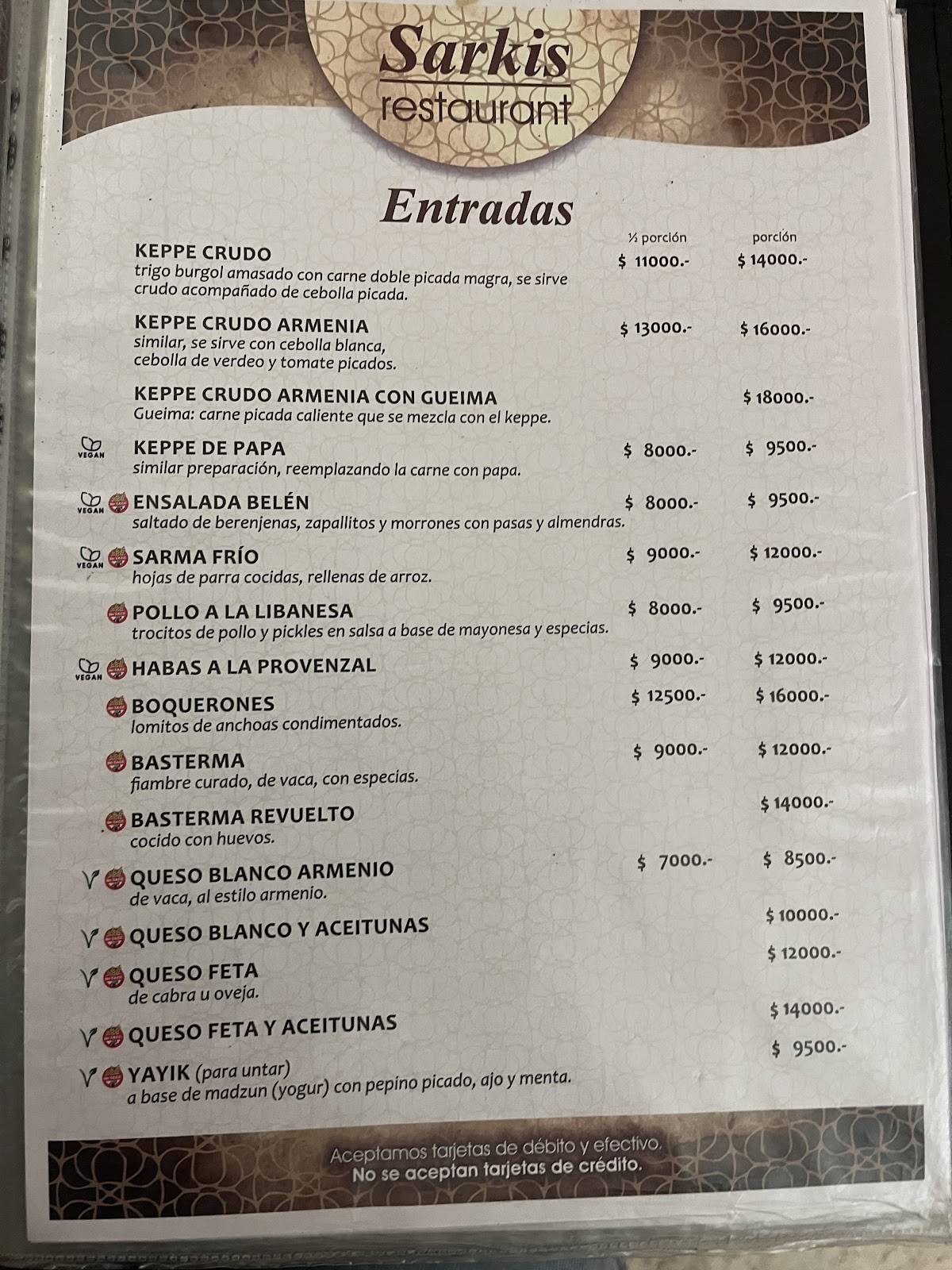 Carta del restaurante Sarkis, Buenos Aires
