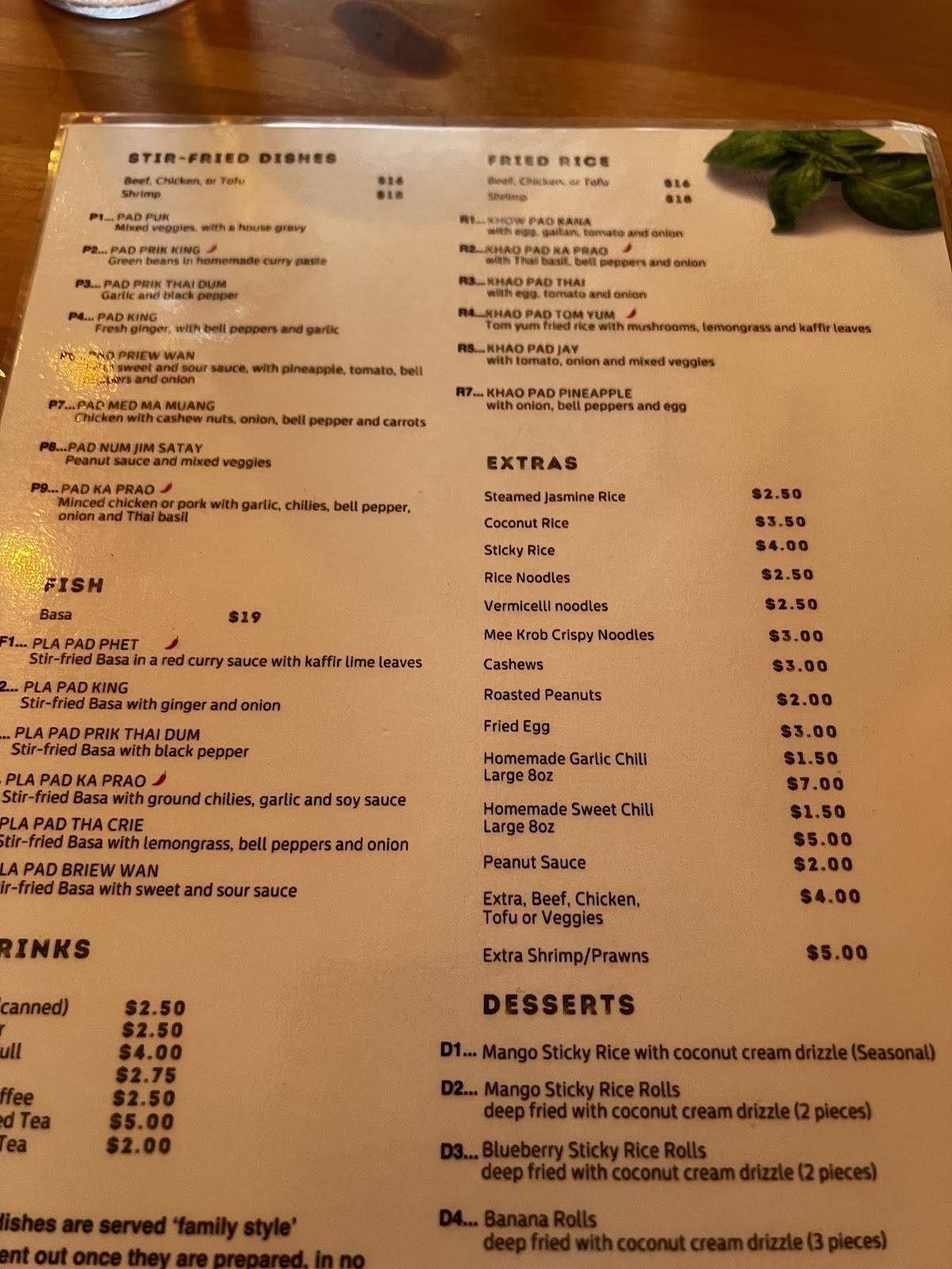 Menu at Sassy Thai restaurant, Winnipeg