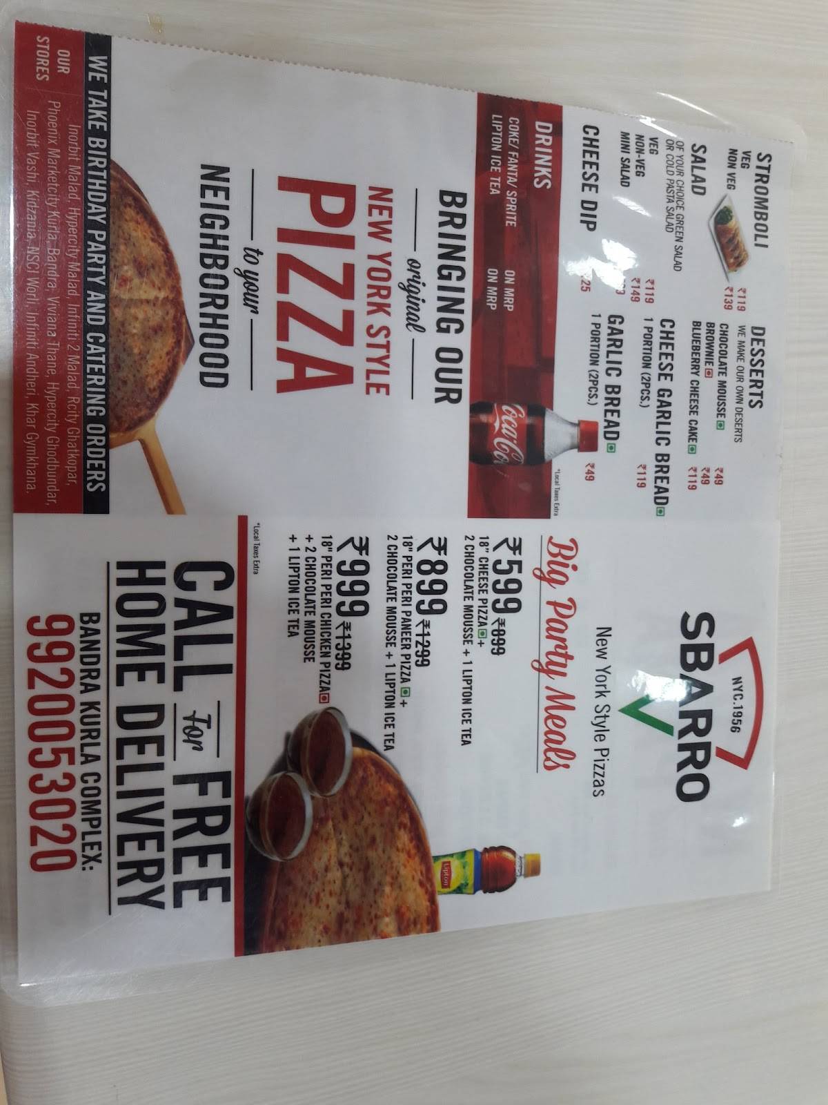 Menu at Sbarro, Mumbai, 3