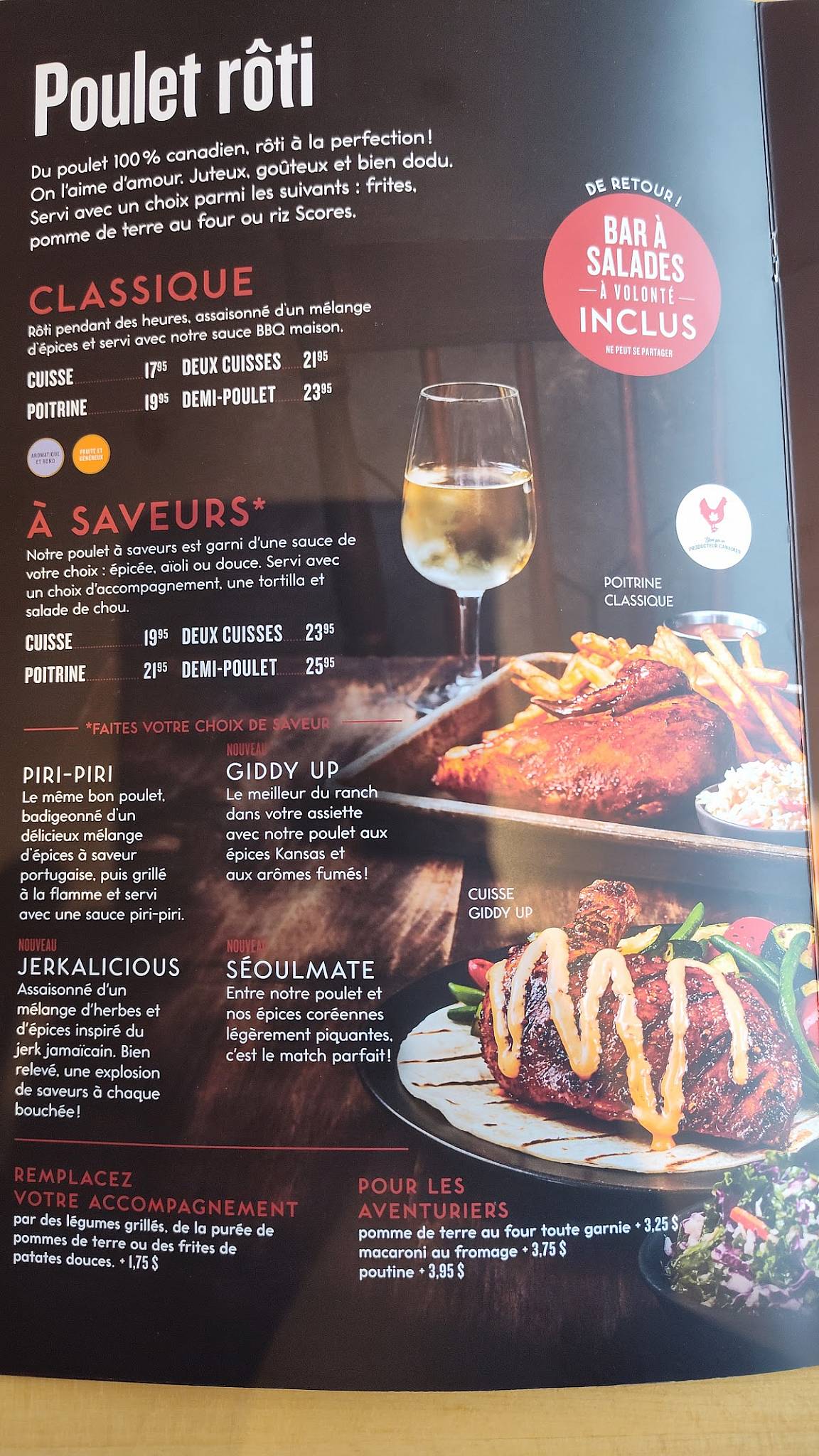 Menu au Restaurant Scores, Granby