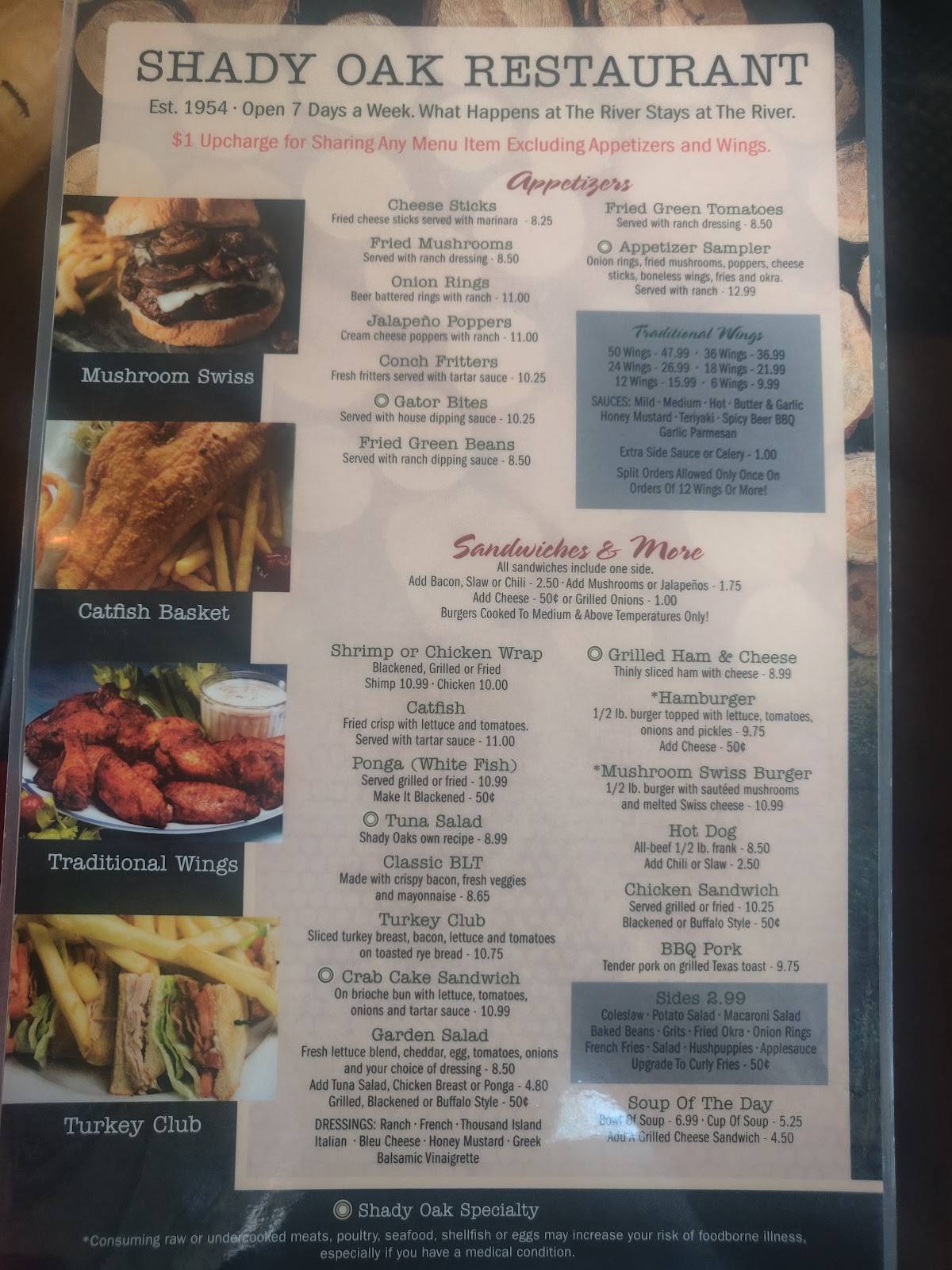 Menu at Shady Oak Restaurant, DeLand, New York Ave W