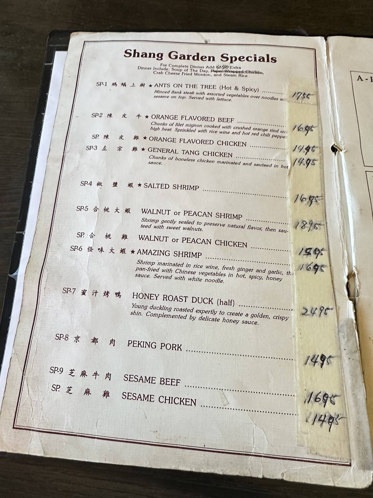 Menu at Shang Garden Chinese Restaurant, Colfax