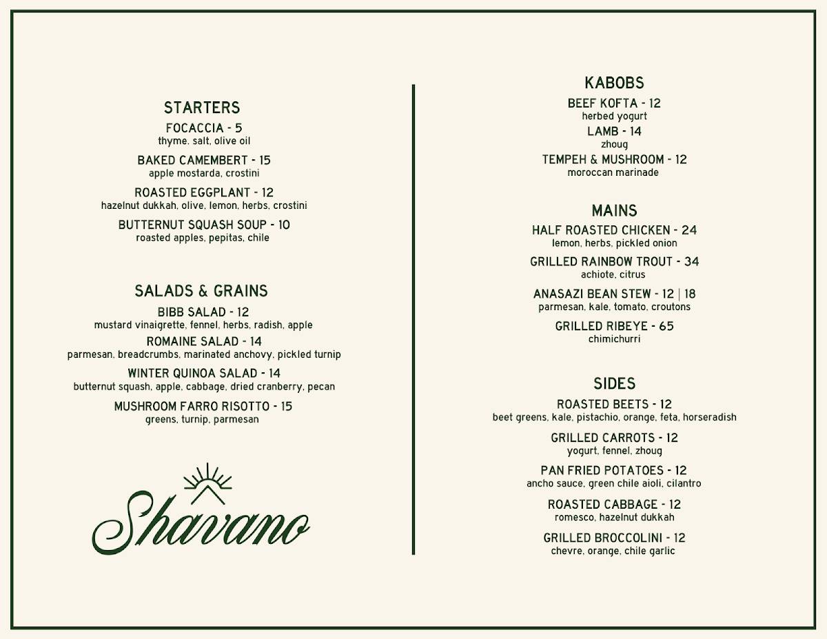 Menu at Shavano restaurant, Salida