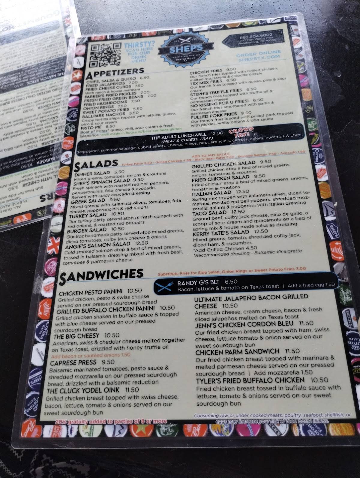 Menu at Shep's restaurant, Weatherford