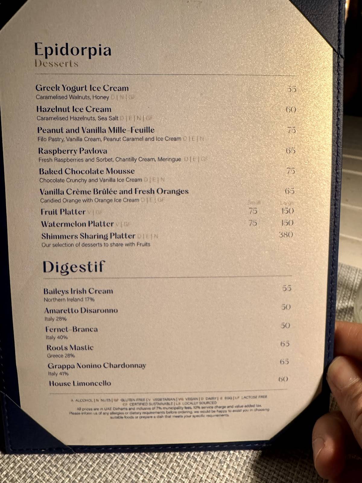 Menu at Shimmers restaurant, Dubai, Jumeirah Mina Al Salam - 3 Jumeirah St