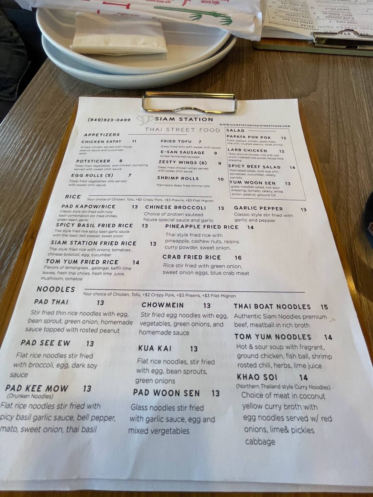 Menu at Siam Station Thai Street Food restaurant, Irvine