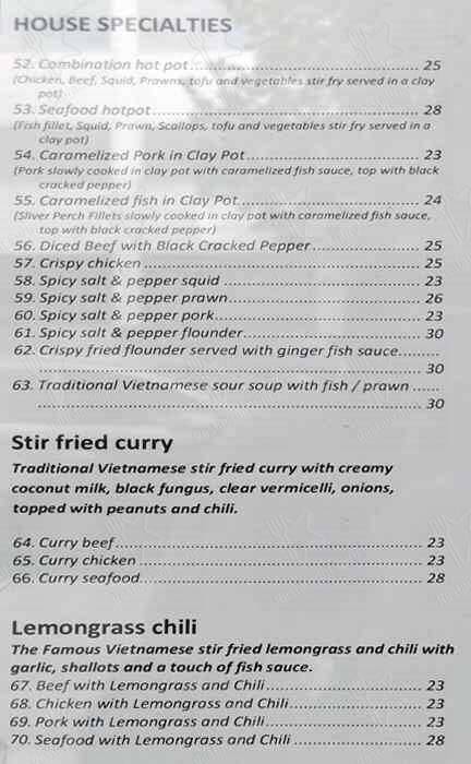 Menu at Song Nhi Vietnamese Restaurant, St Leonards