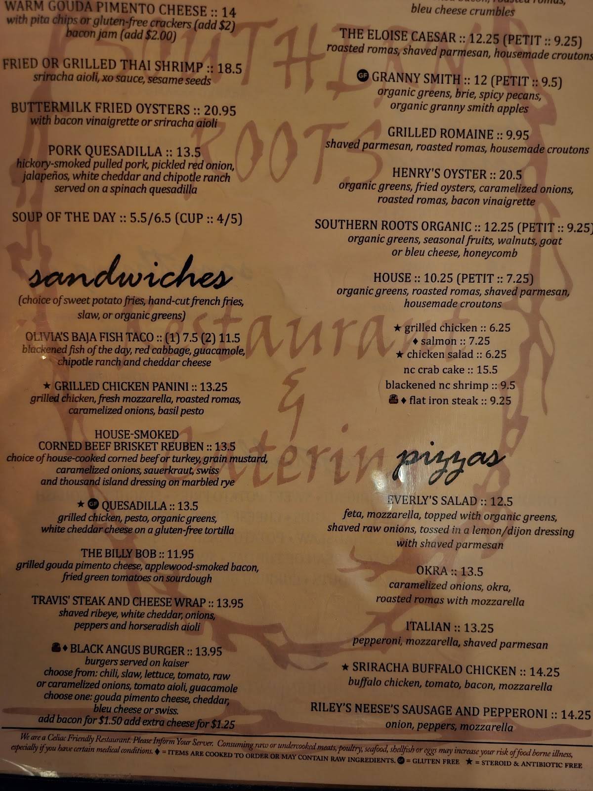 Menu at Southern Roots Restaurant, Jamestown, 119 E Main St
