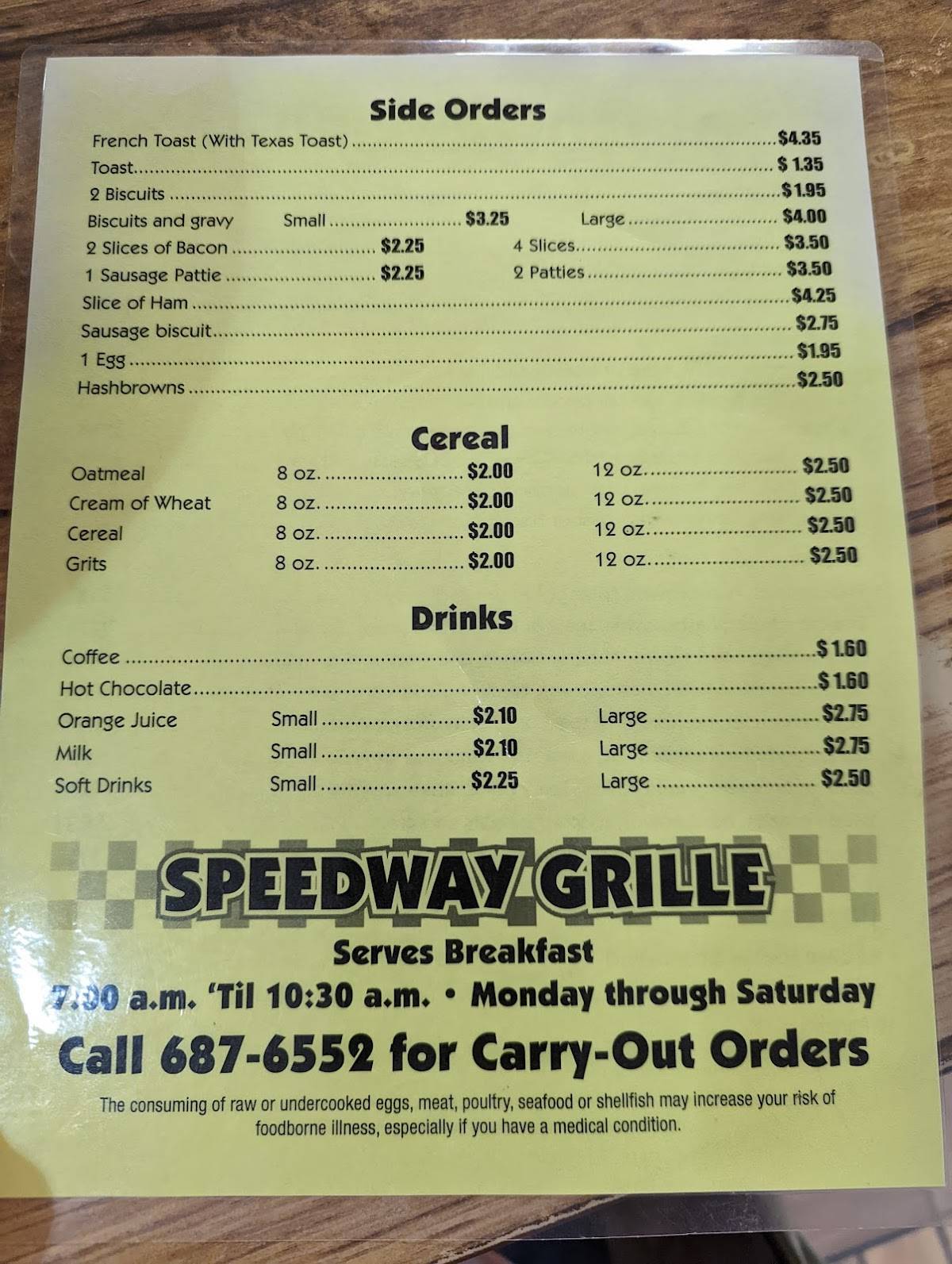 Menu at Speedway Grille restaurant, Muskogee