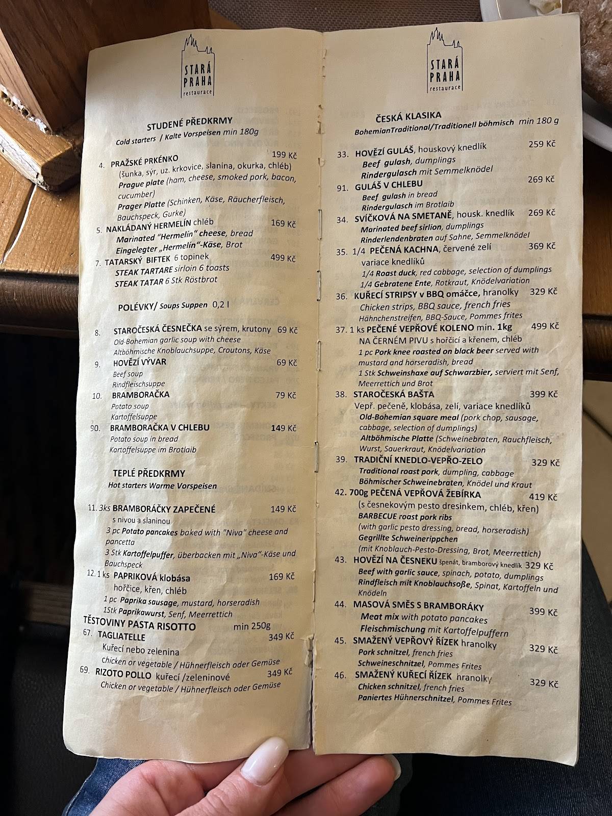 Menu at Restaurant Stará Praha, Prague