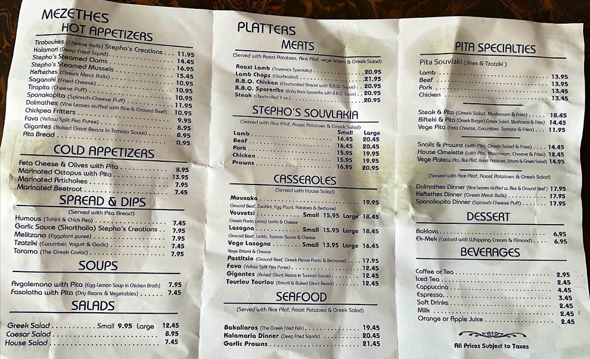 Menu at Stepho's Souvlaki Greek Taverna restaurant, Vancouver, Davie St