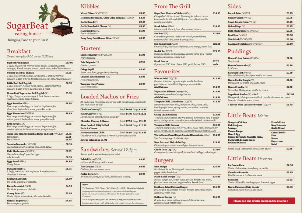 Menu at SugarBeat Eating House restaurant, Norwich