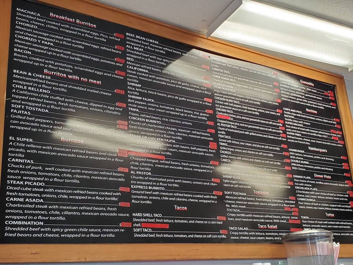 Menu at Super Taco Express restaurant, Vancouver