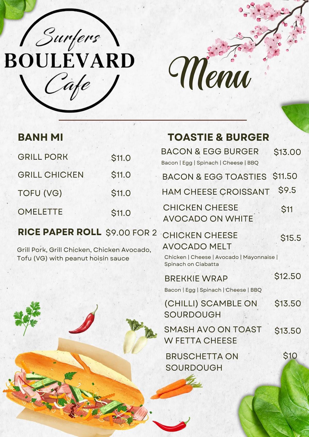 Menu at Surfers Boulevard Cafe, Surfers Paradise
