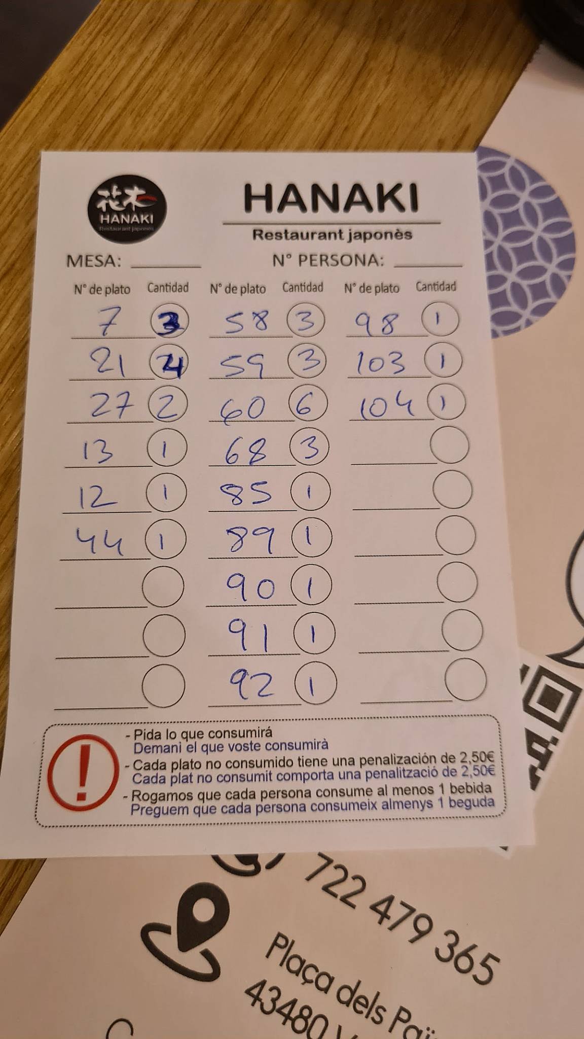 Carta de Restaurante Sushi Hanaki, Barcelona