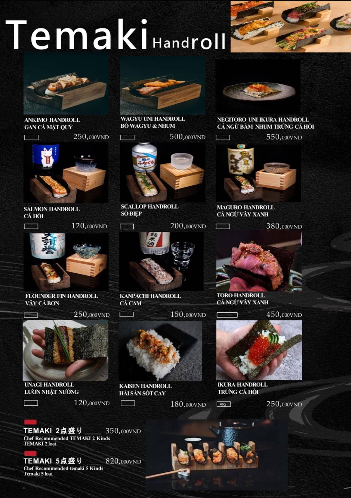 Menu at Sushi Taka Omakase restaurant, Ho Chi Minh City