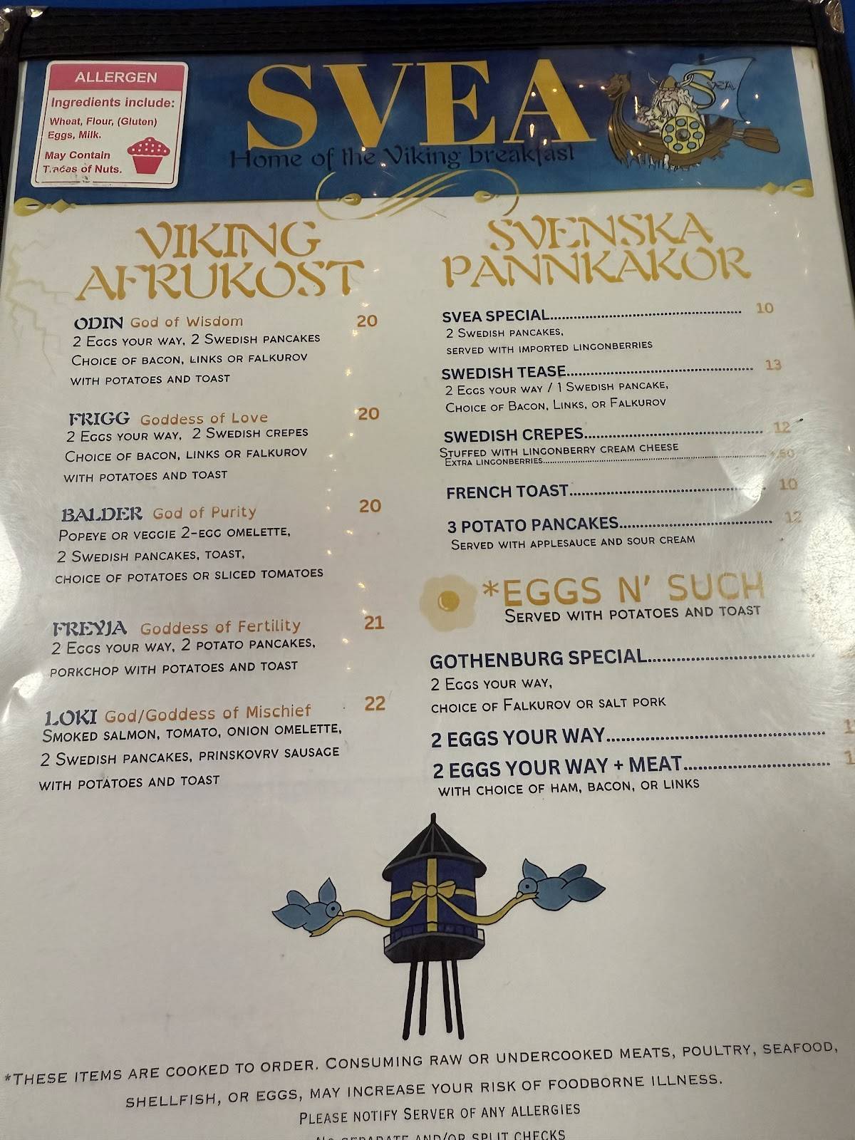 Menu at Svea Restaurant, Chicago