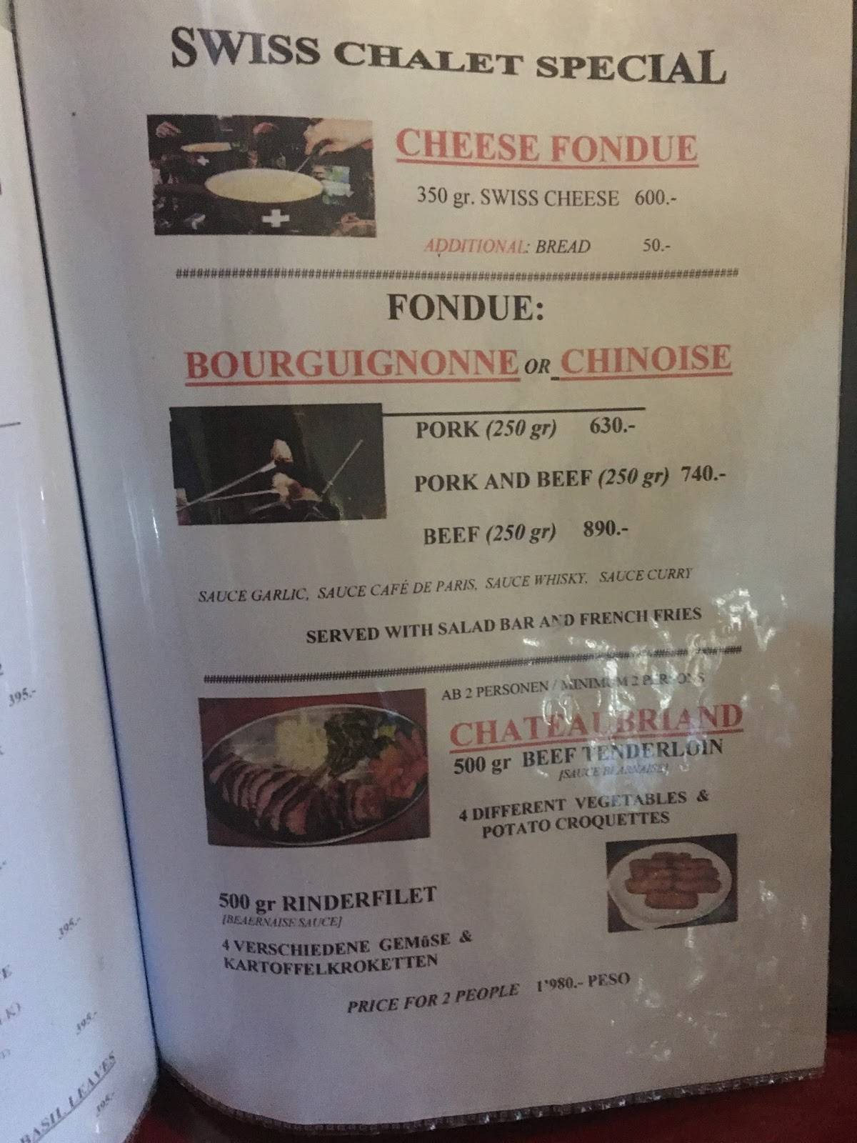 Menu at Swiss Chalet Restaurant, Angeles