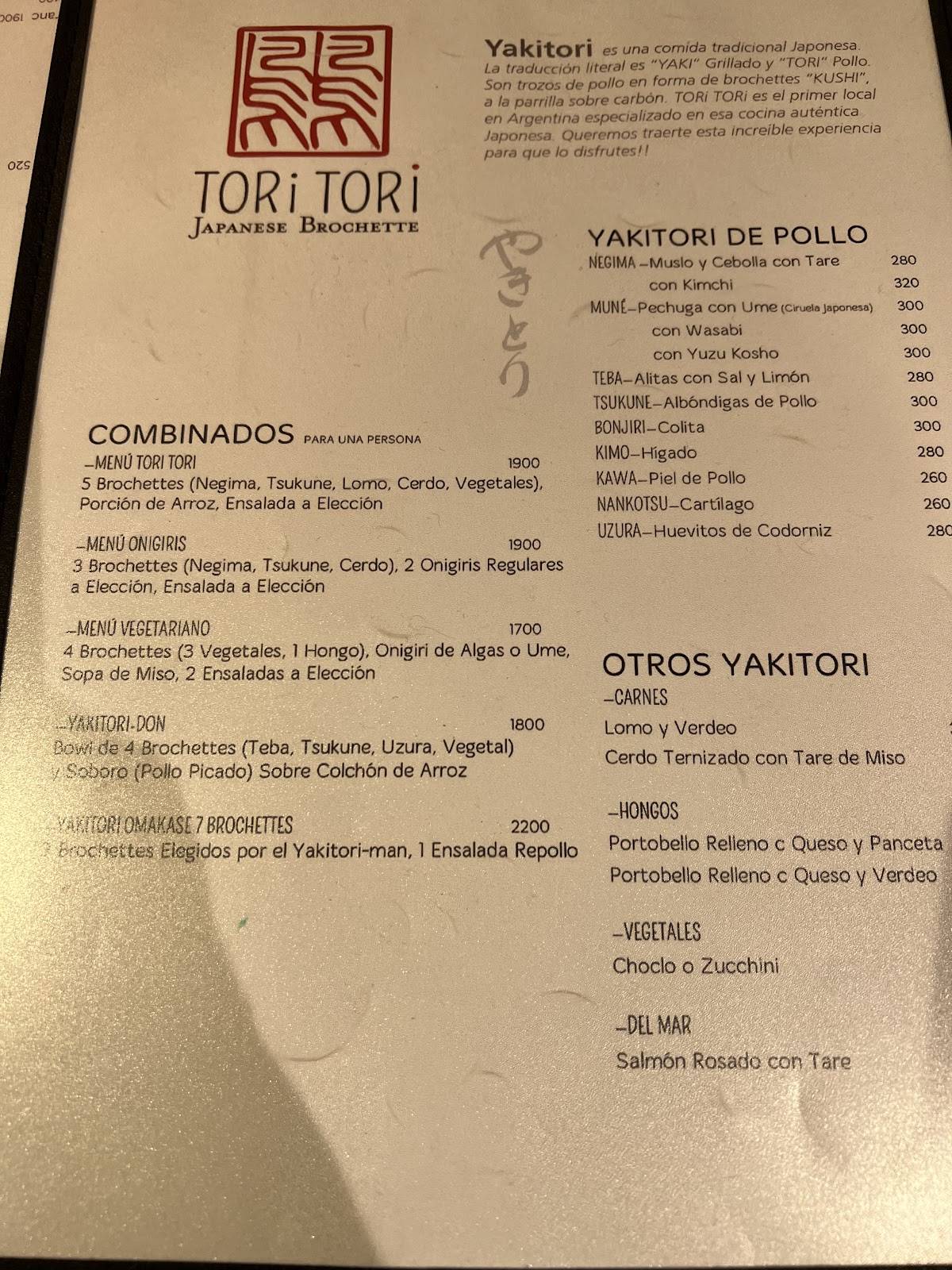 Carta del restaurante Tori Tori Japanese, Buenos Aires