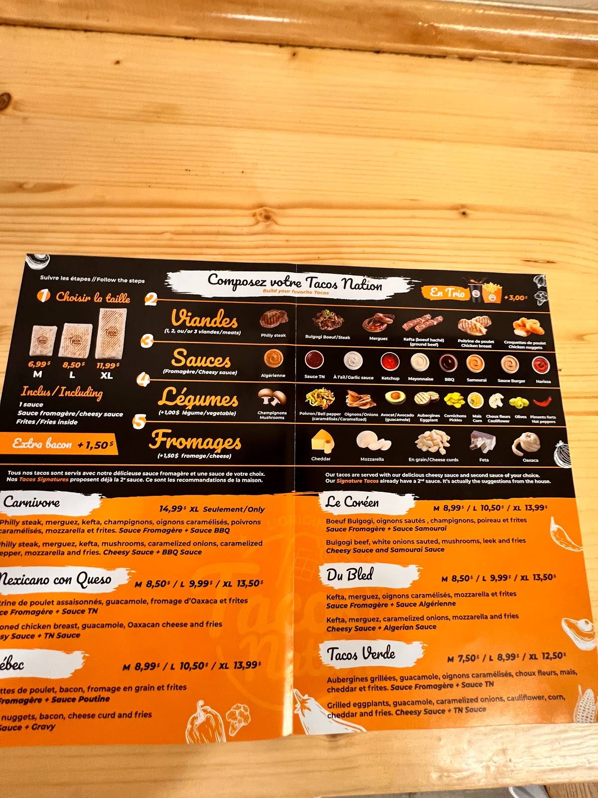 Menu au Tacos Nation restaurant, Montréal, St Laurent Blvd