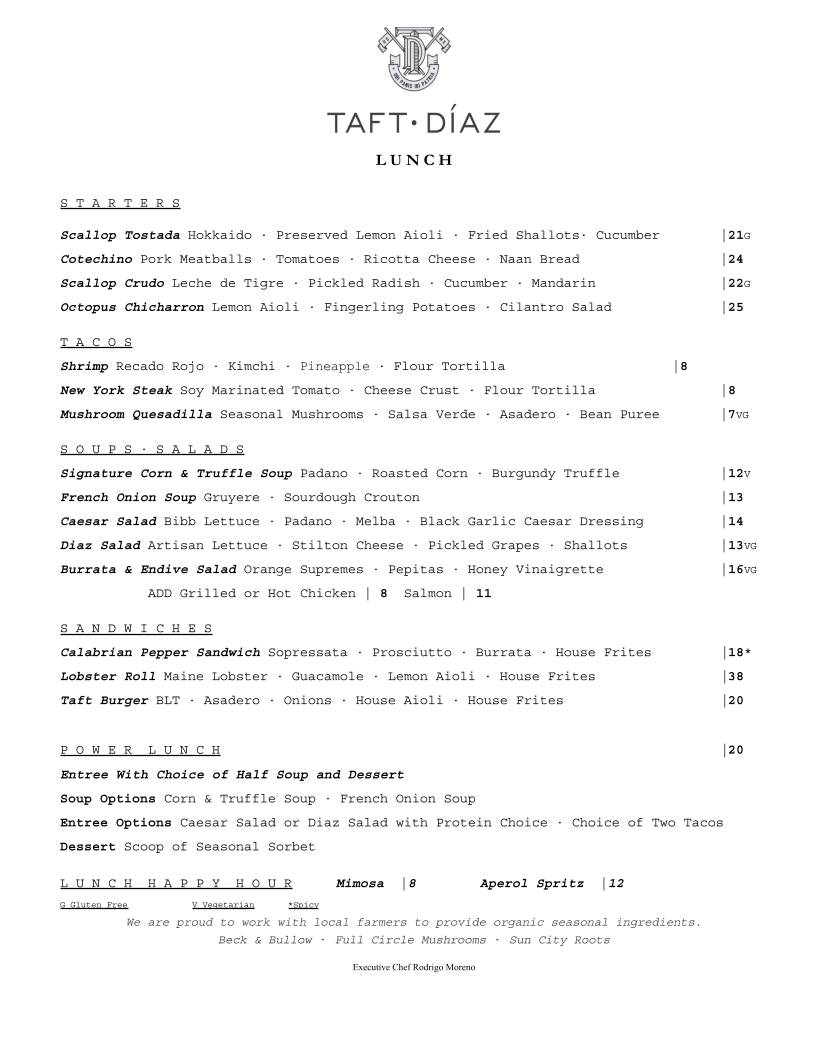 Menu at Taft-Diaz restaurant, El Paso