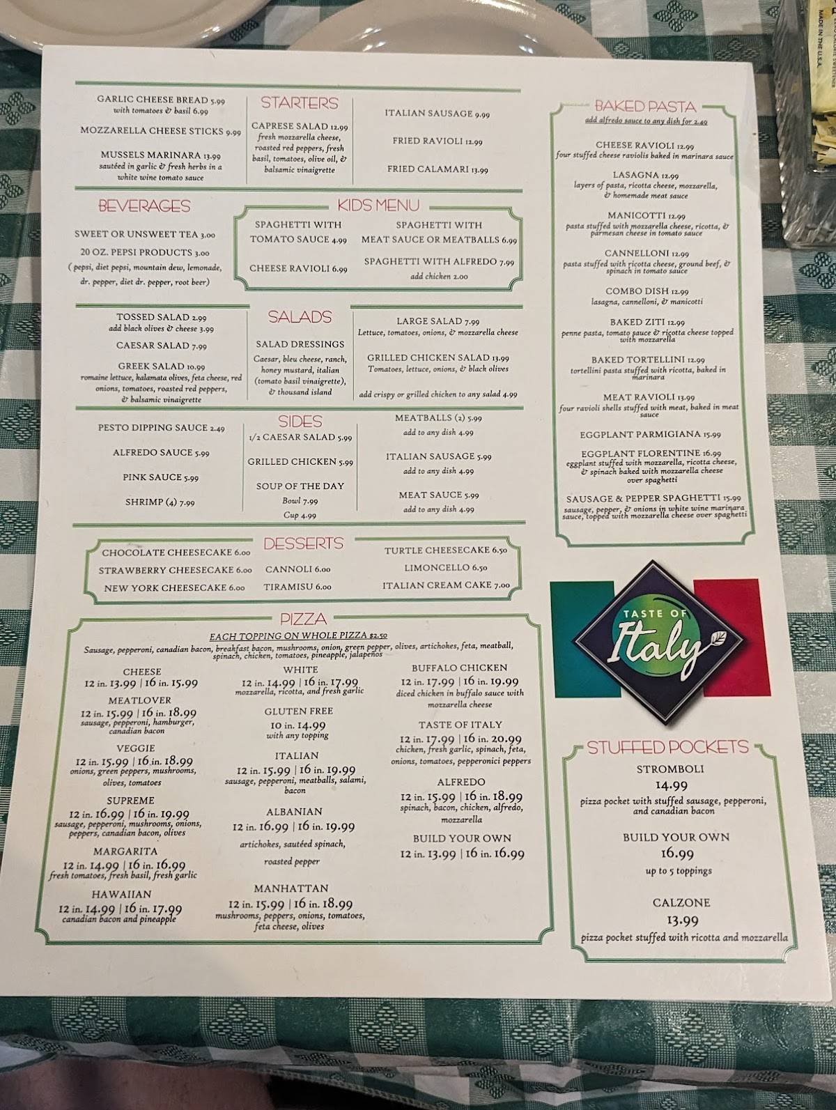 Menu at Taste of Italy restaurant, Carthage