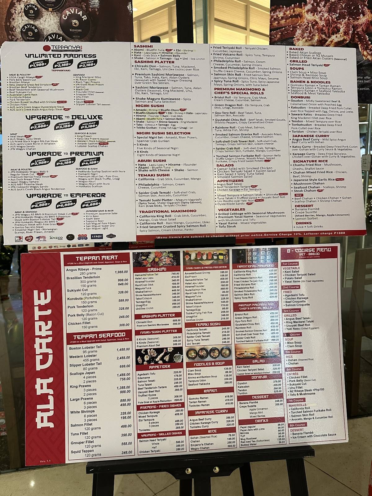 Menu at Teppanya Shangri-La Plaza restaurant, Mandaluyong