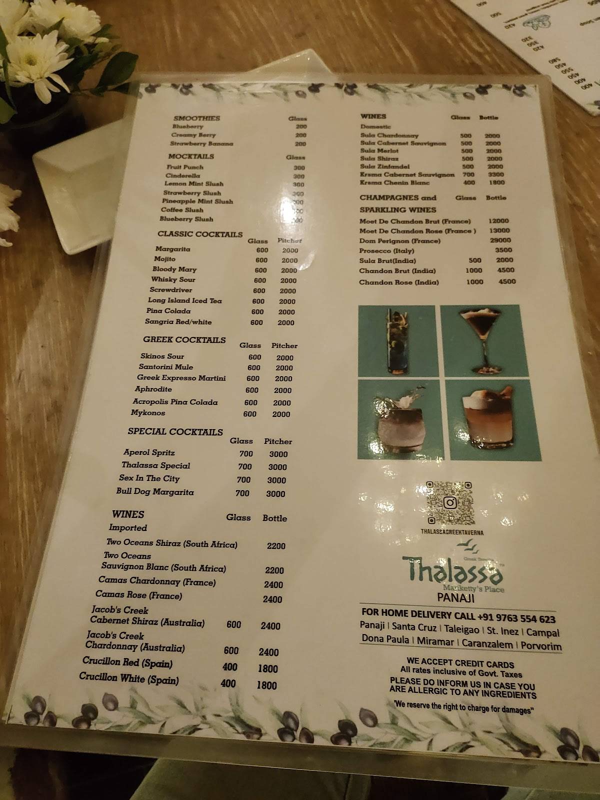 Menu at Thalassa Greek Taverna, Panaji