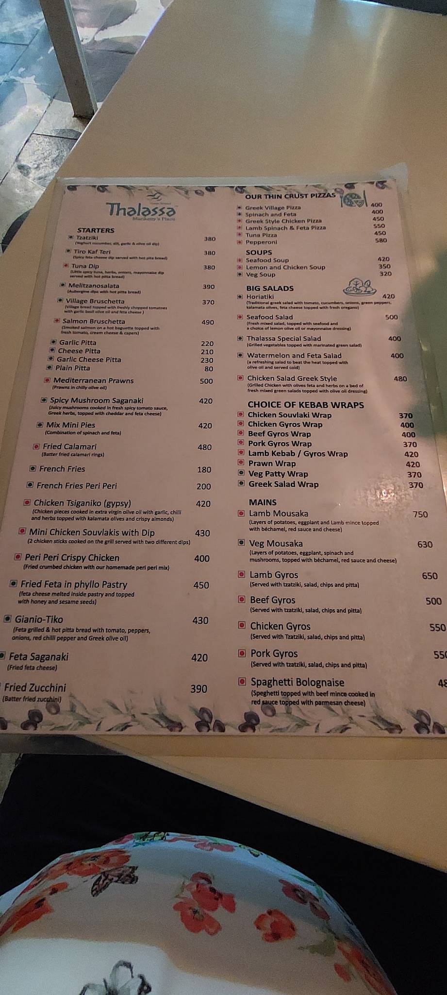 Menu at Thalassa Greek Taverna, Panaji