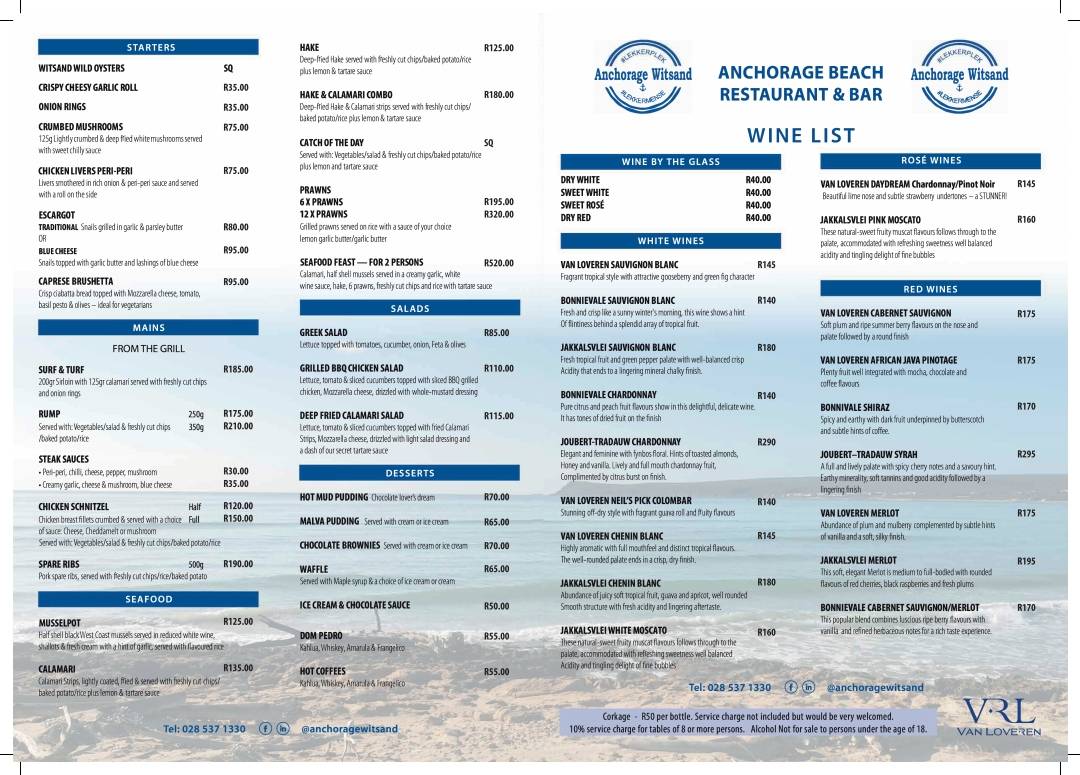 Menu at The Anchorage Beach Restaurant & Bar, Witsand