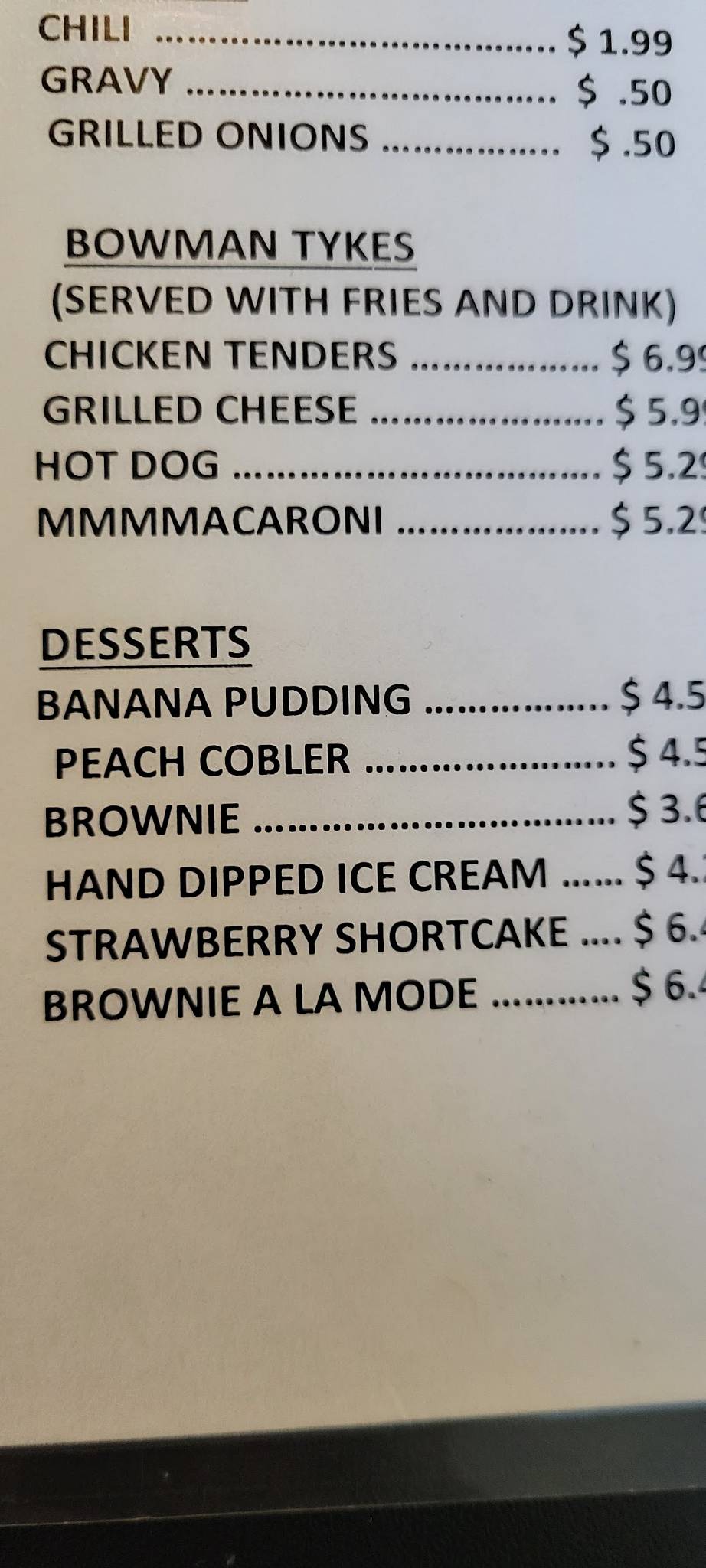 Menu at The Bowman House southern kitchen restaurant, Bowman