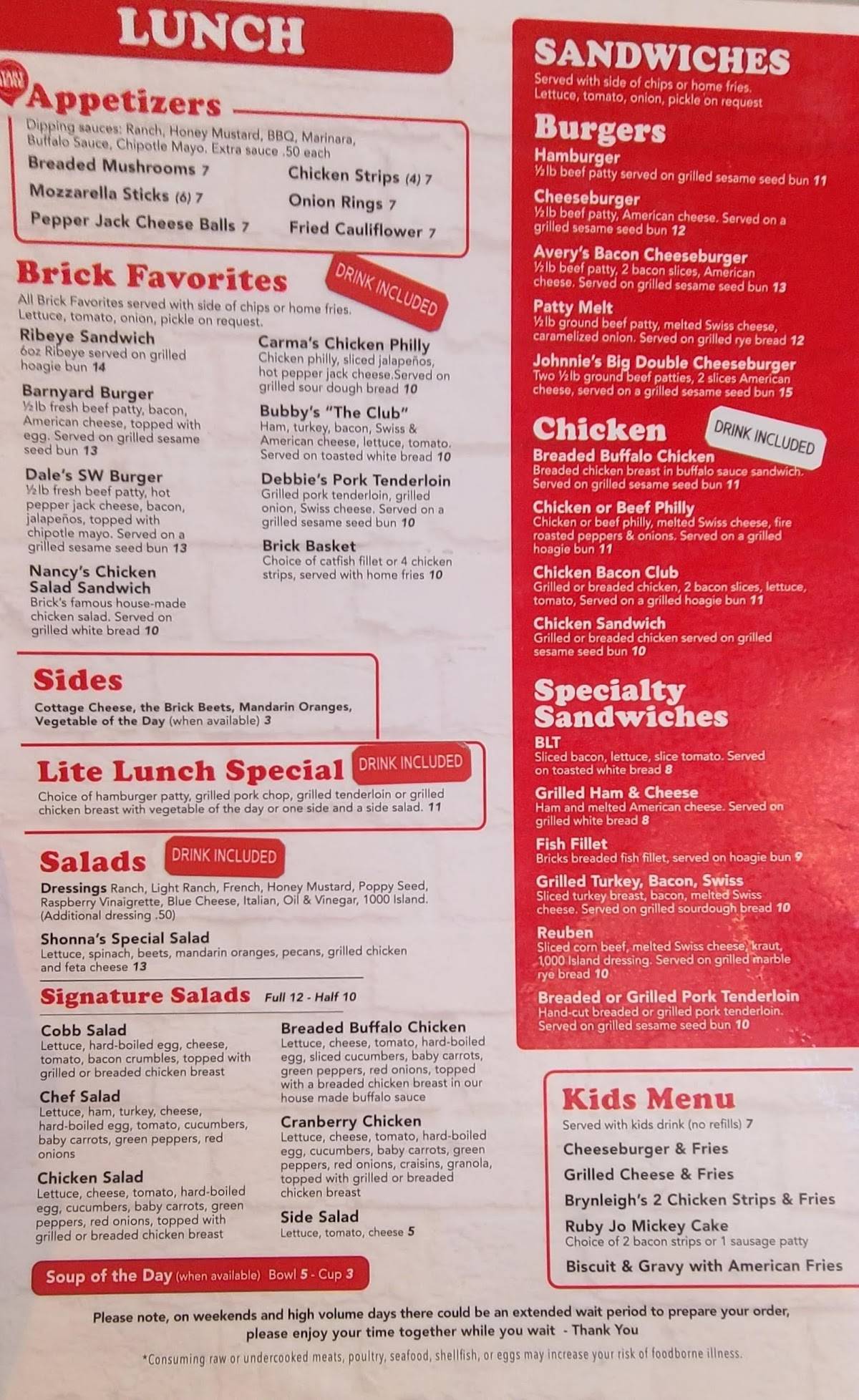 Menu at The Brick restaurant, Moberly
