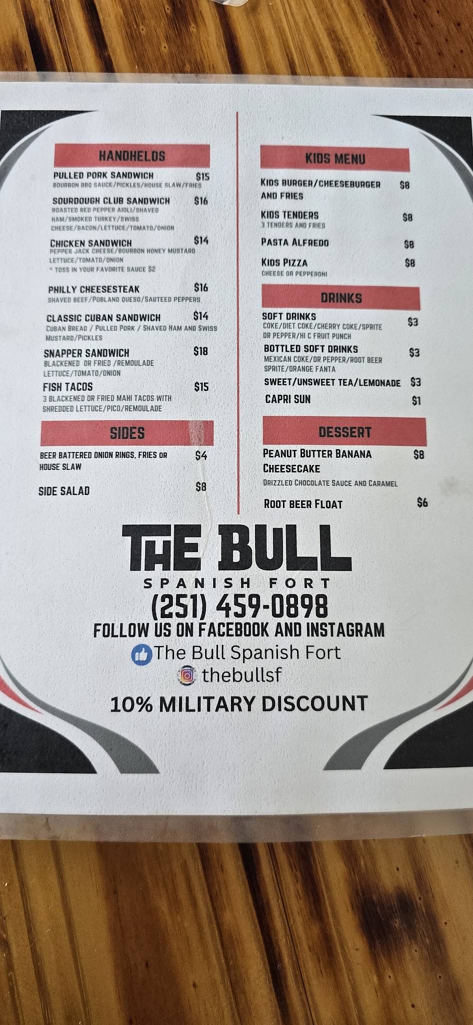 Menu at The Bull pub & bar, Spanish Fort