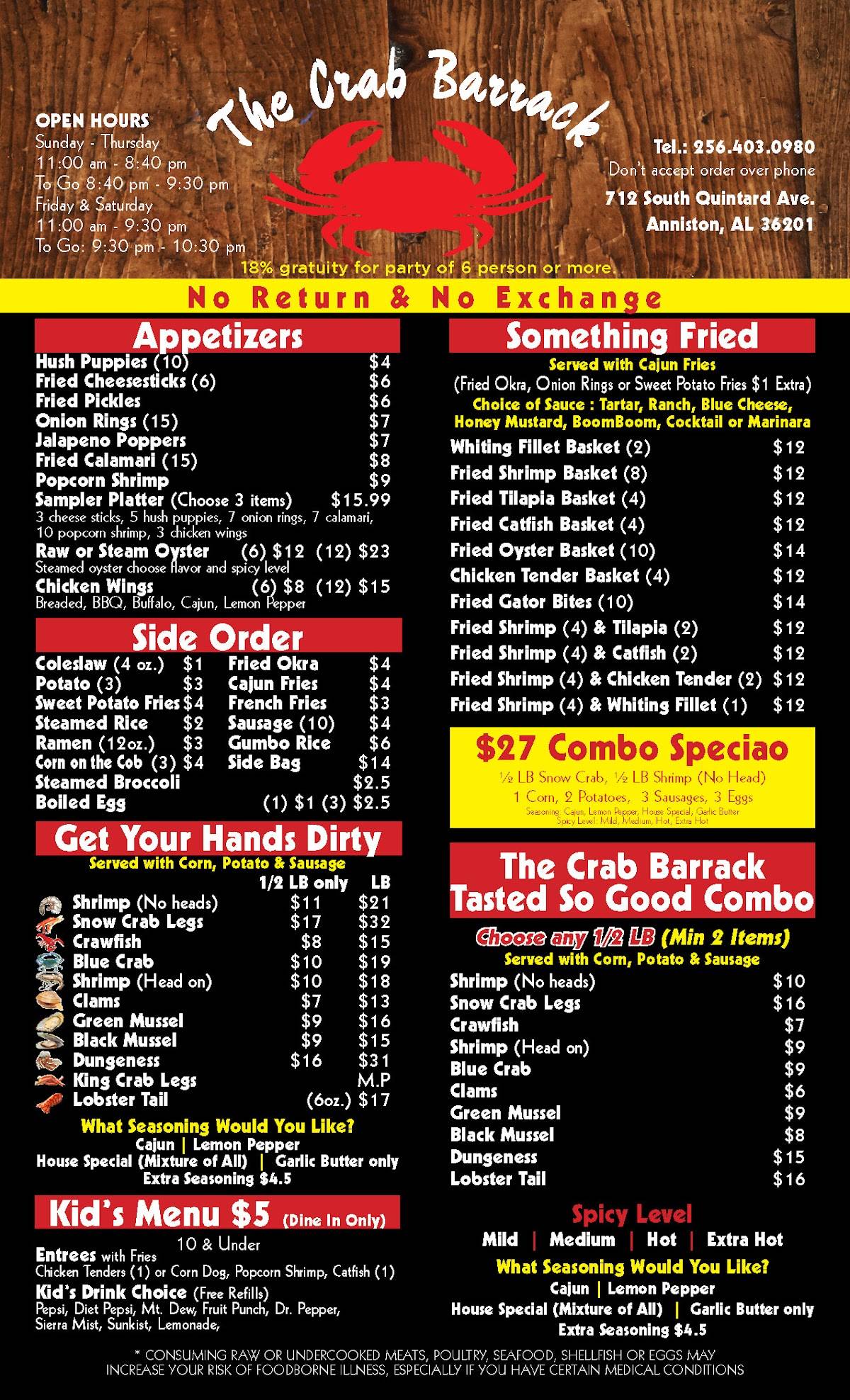 Menu at The Crab Barrack, Anniston