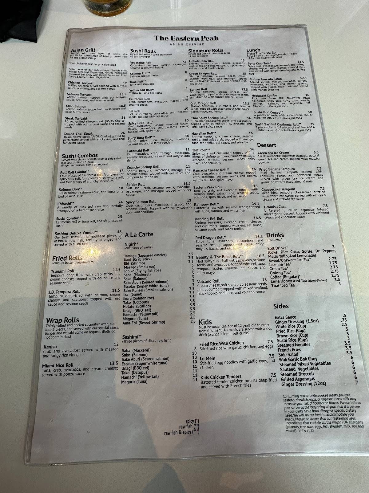 Menu at The Eastern Peak - Bellevue restaurant, Nashville, Sawyer Brown ...