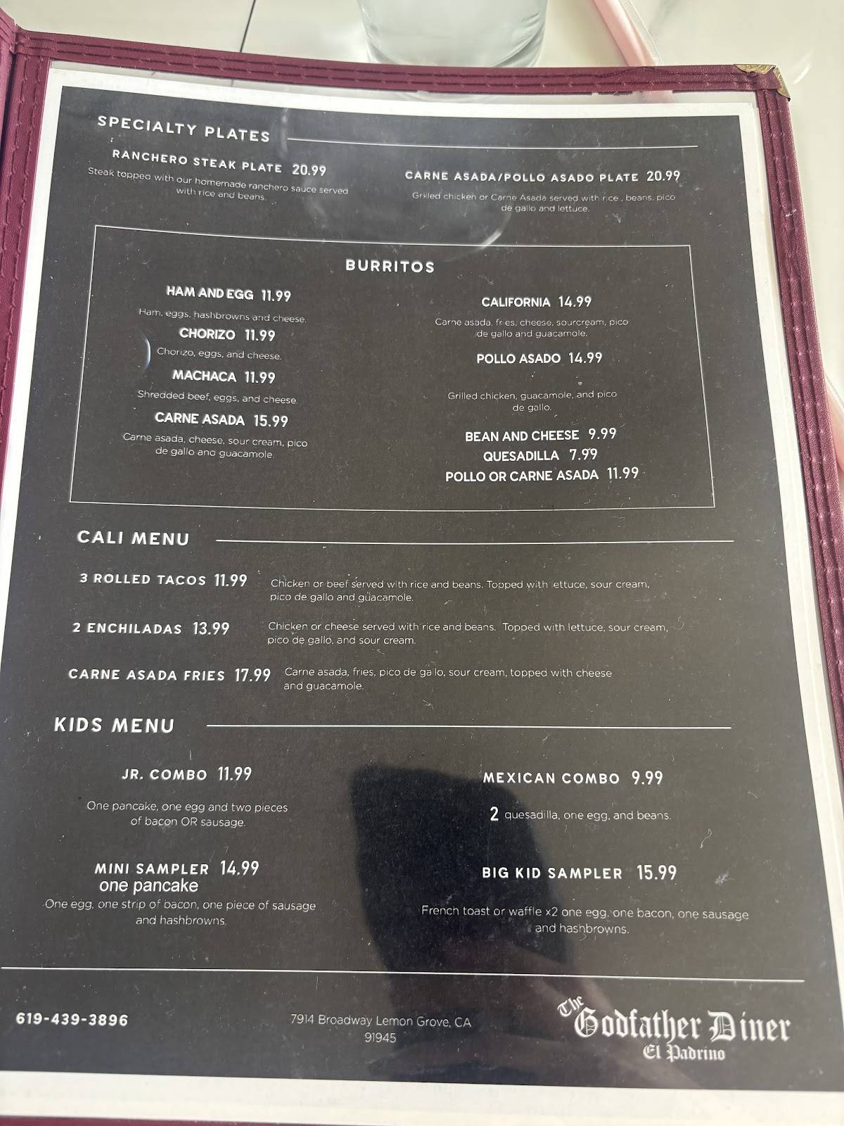 Menu at The Godfather's Diner restaurant, Lemon Grove
