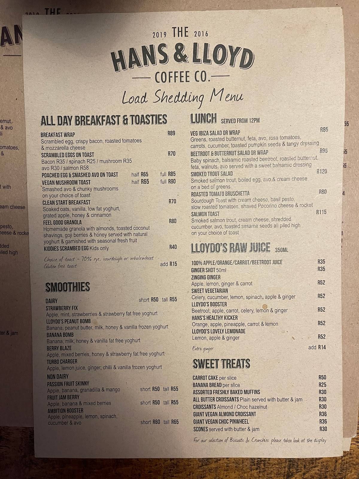 Menu at The Hans & Lloyd Coffee Co Newlands restaurant, Cape Town