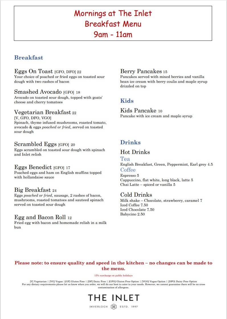 Menu at The Inlet Hotel restaurant, Inverloch