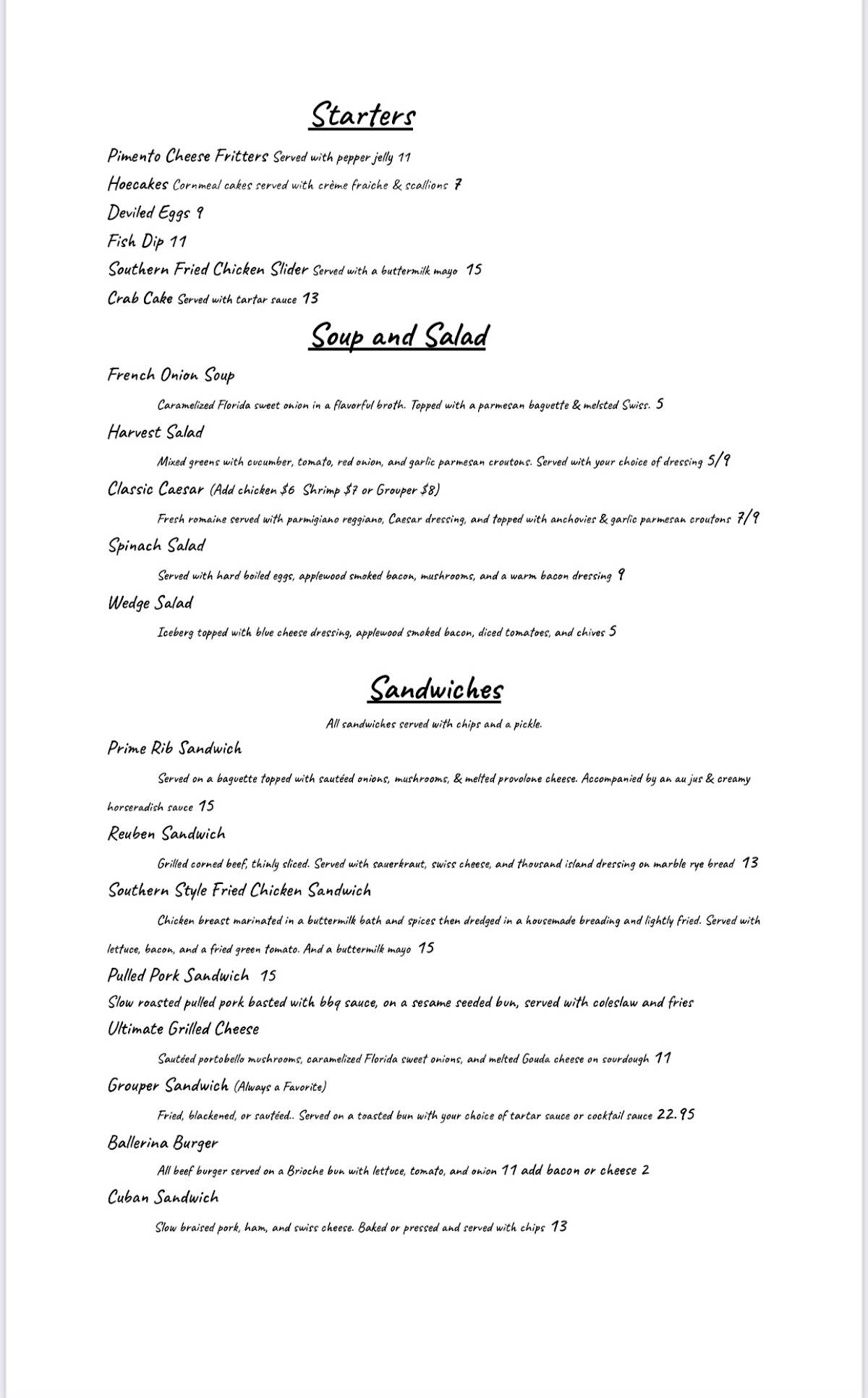 The Lazy Ballerina Bistro Menu