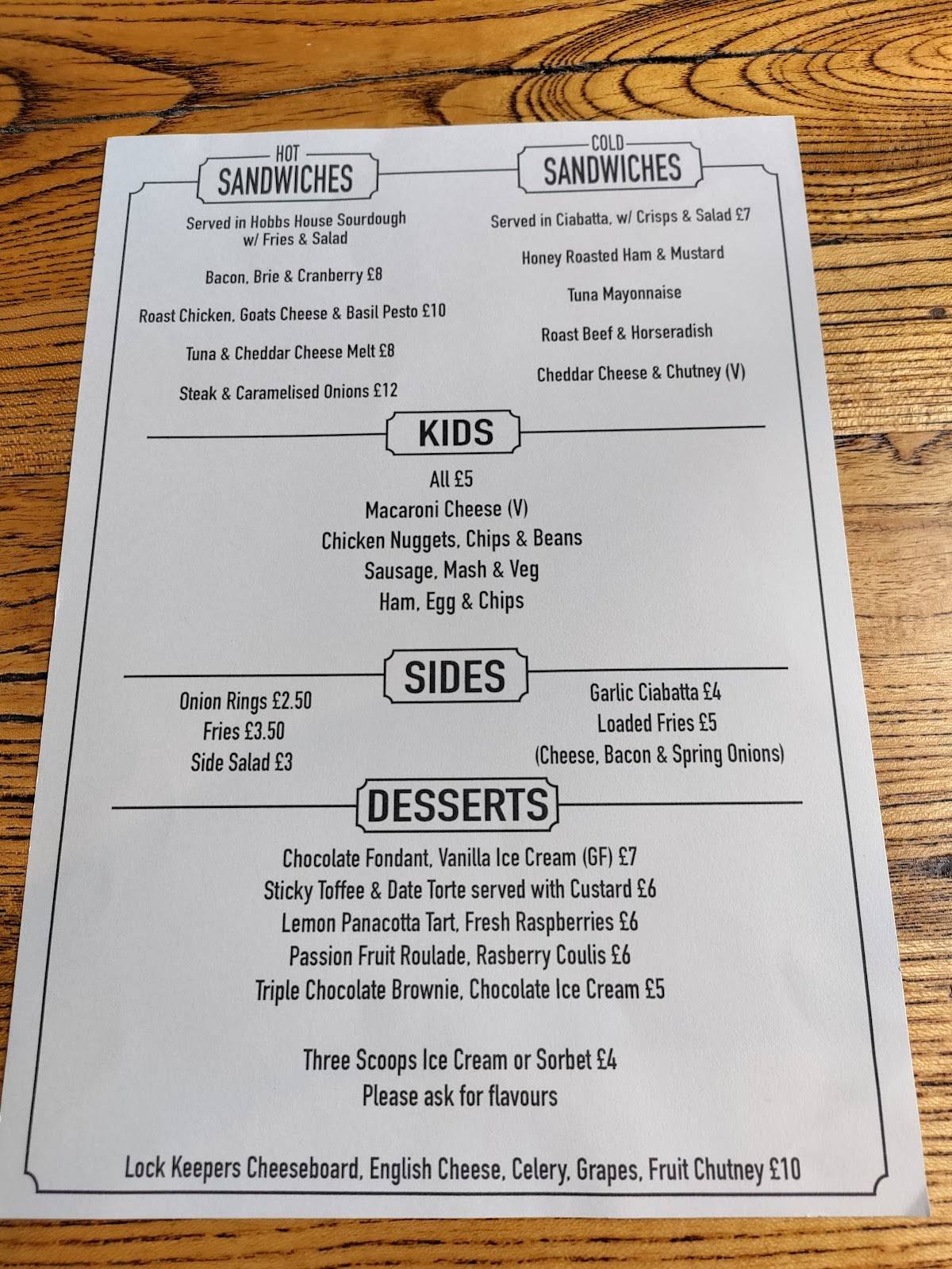 Menu at The Lock Keepers restaurant, Gloucester