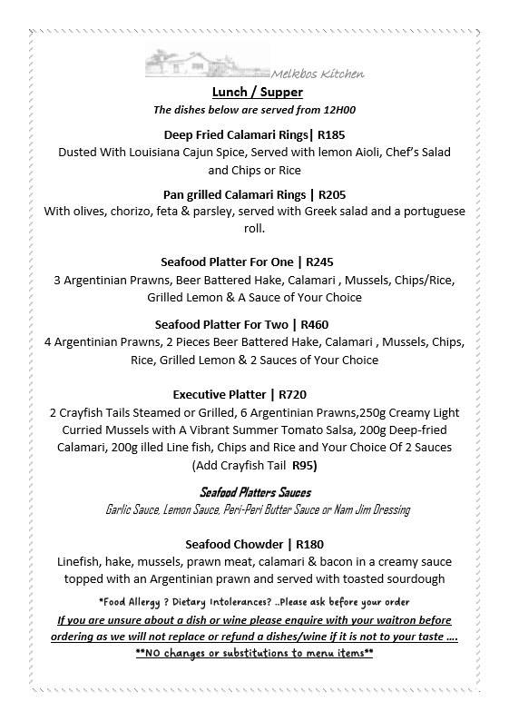 Menu at The Melkbos Kitchen restaurant, Cape Town
