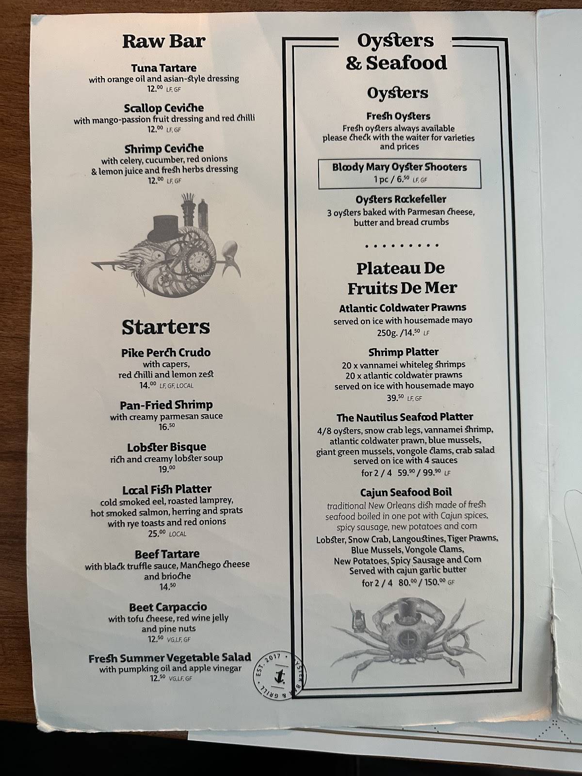 Menu at The Nautilus restaurant, Tallinn