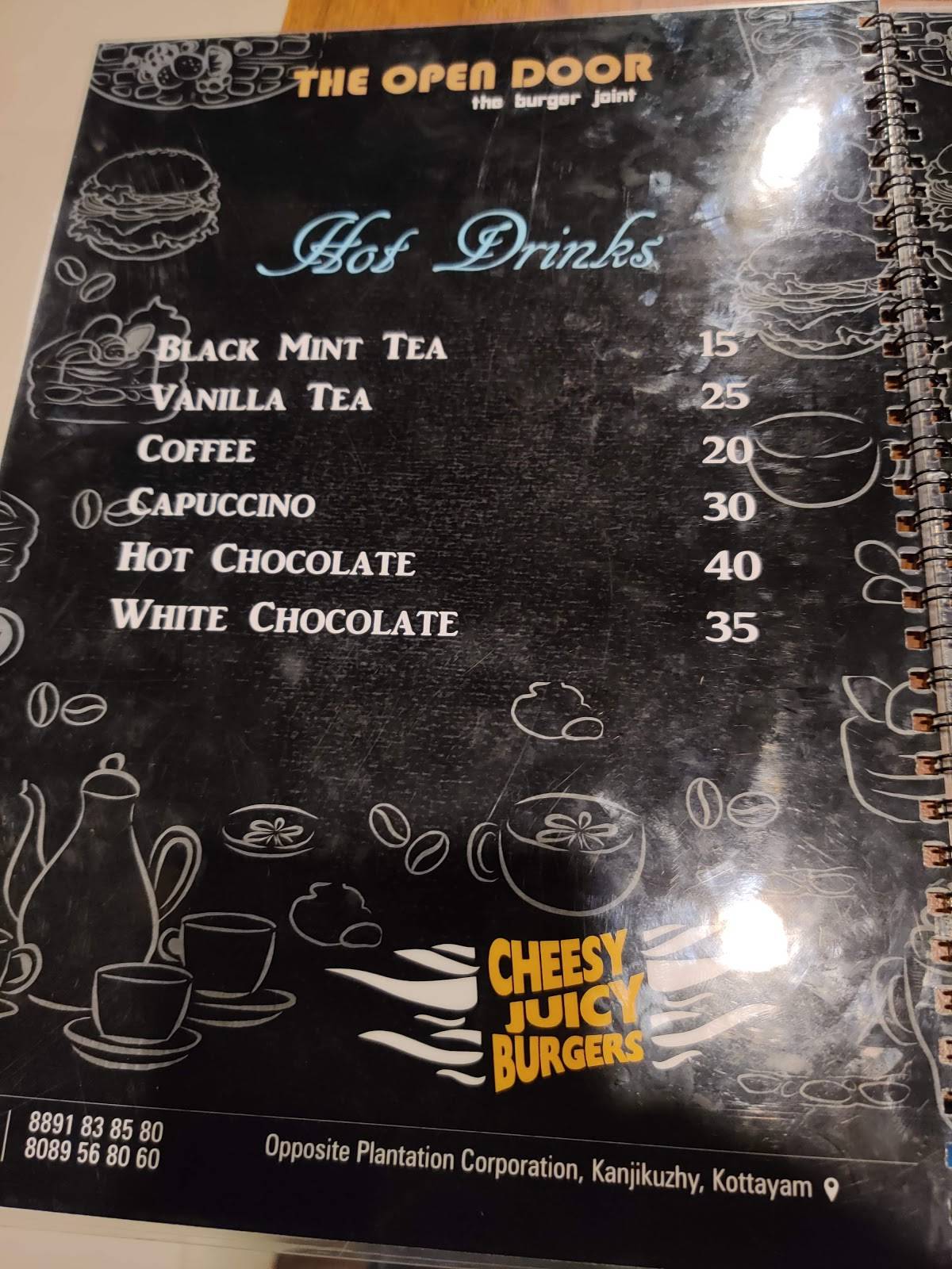 Menu at The Open Door, Kottayam