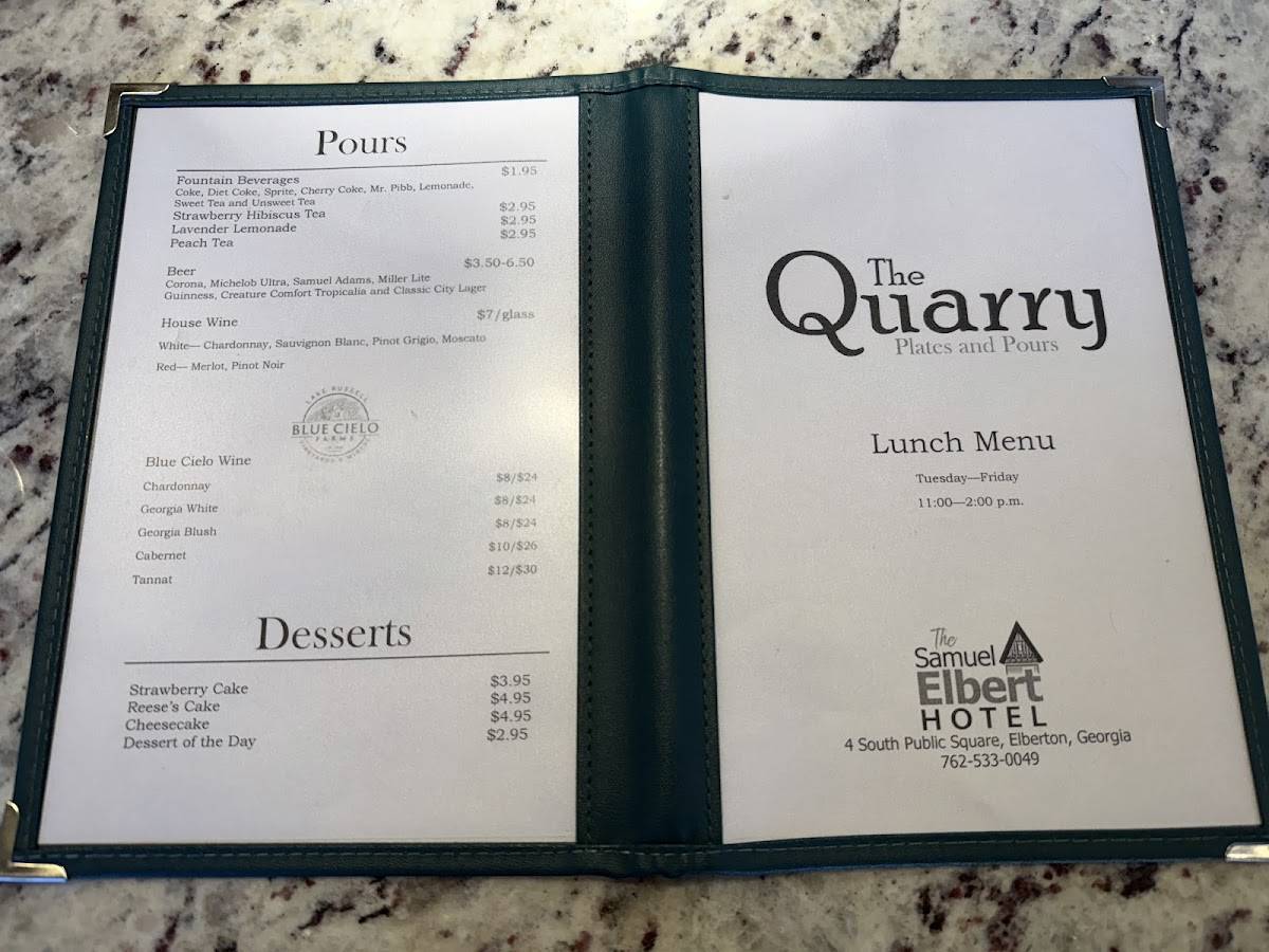 Menu at The Quarry Plates and Pours restaurant, Elberton