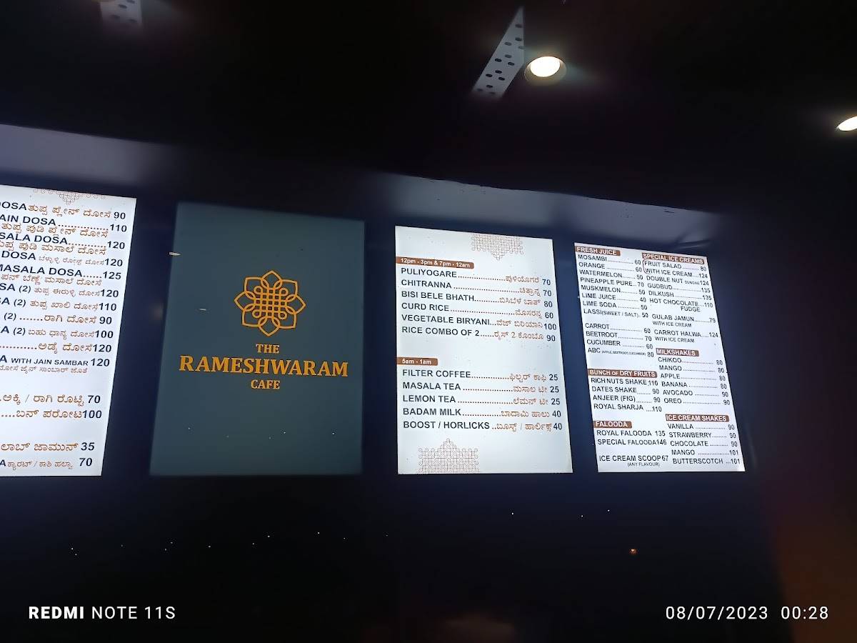 Menu at The Rameshwaram Cafe @ Rajajinagar, Bengaluru