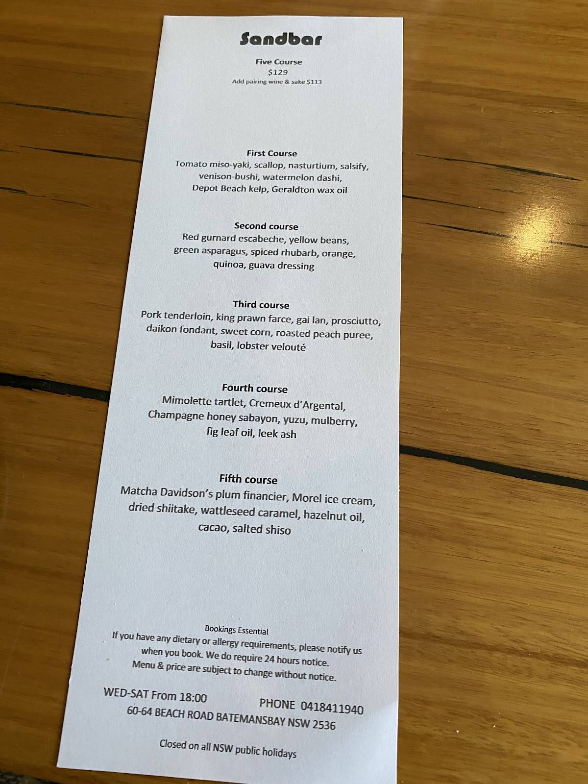 Menu at The Sandbar, Batemans Bay