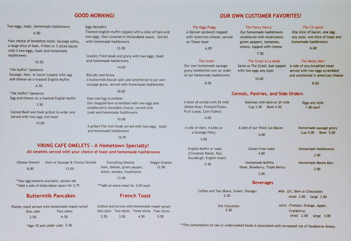 Menu at The Viking Cafe, Fergus Falls