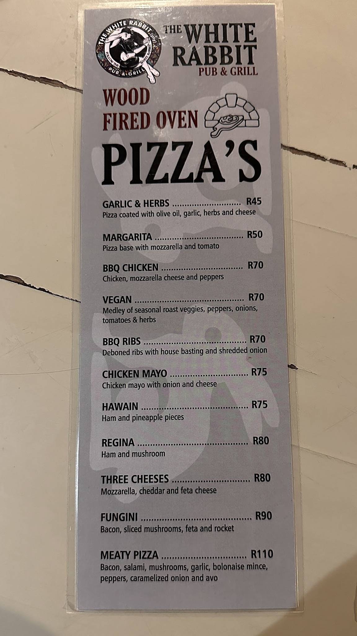 Menu at The White Rabbit restaurant, Hermanus, 19 Long St