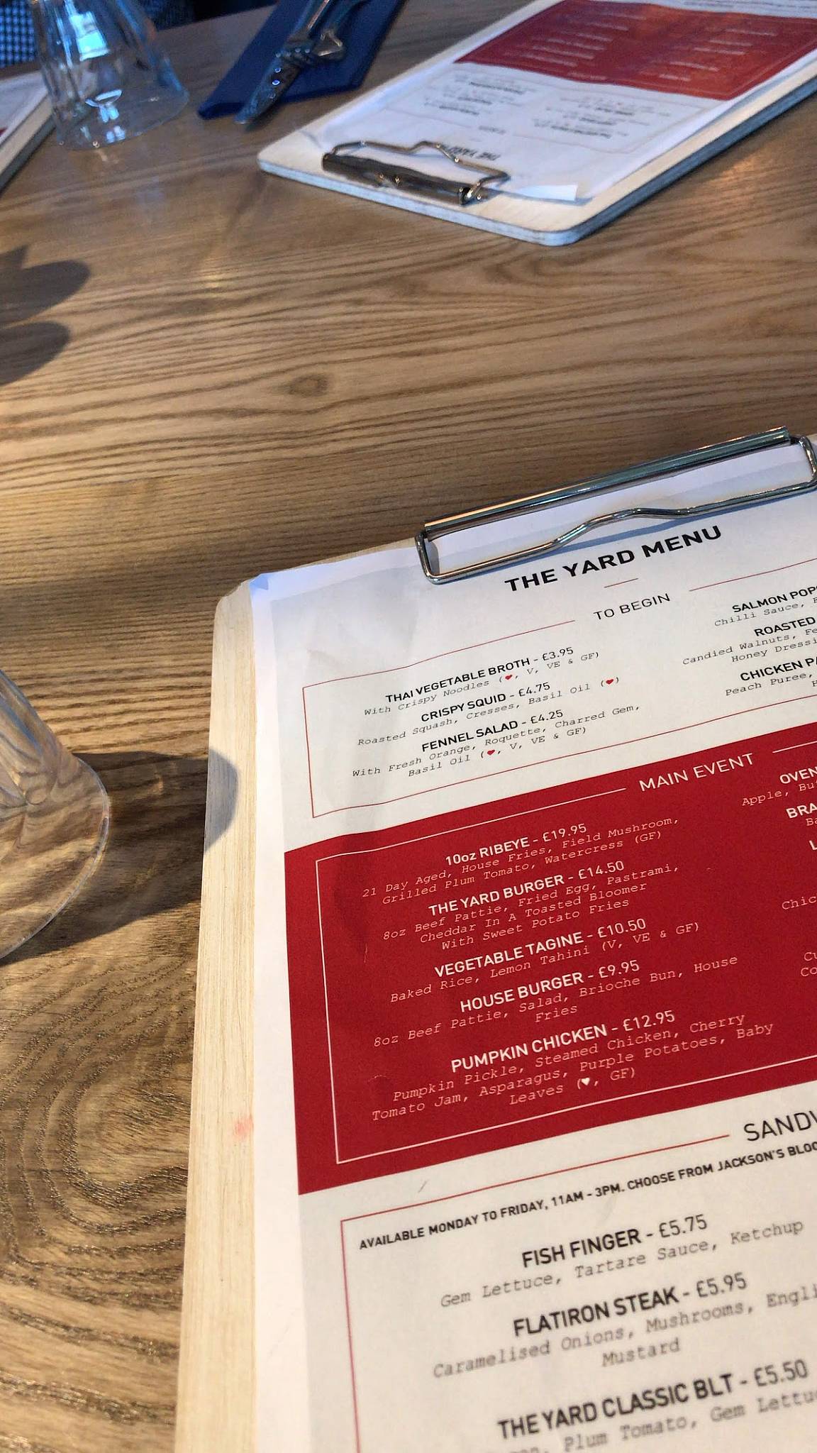 Menu at The Yard restaurant, Derby, Pride Park Stadium